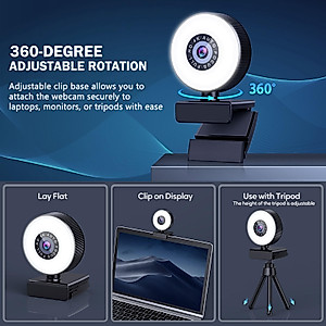 Cnkaite 4K Webcam, HD Autofocus Webcam with Microphone, Adjustable Light Computer Camera with Privacy Cover and Tripod Stand, Plug and Play USB Webcam for Laptop Desktop Video Calling