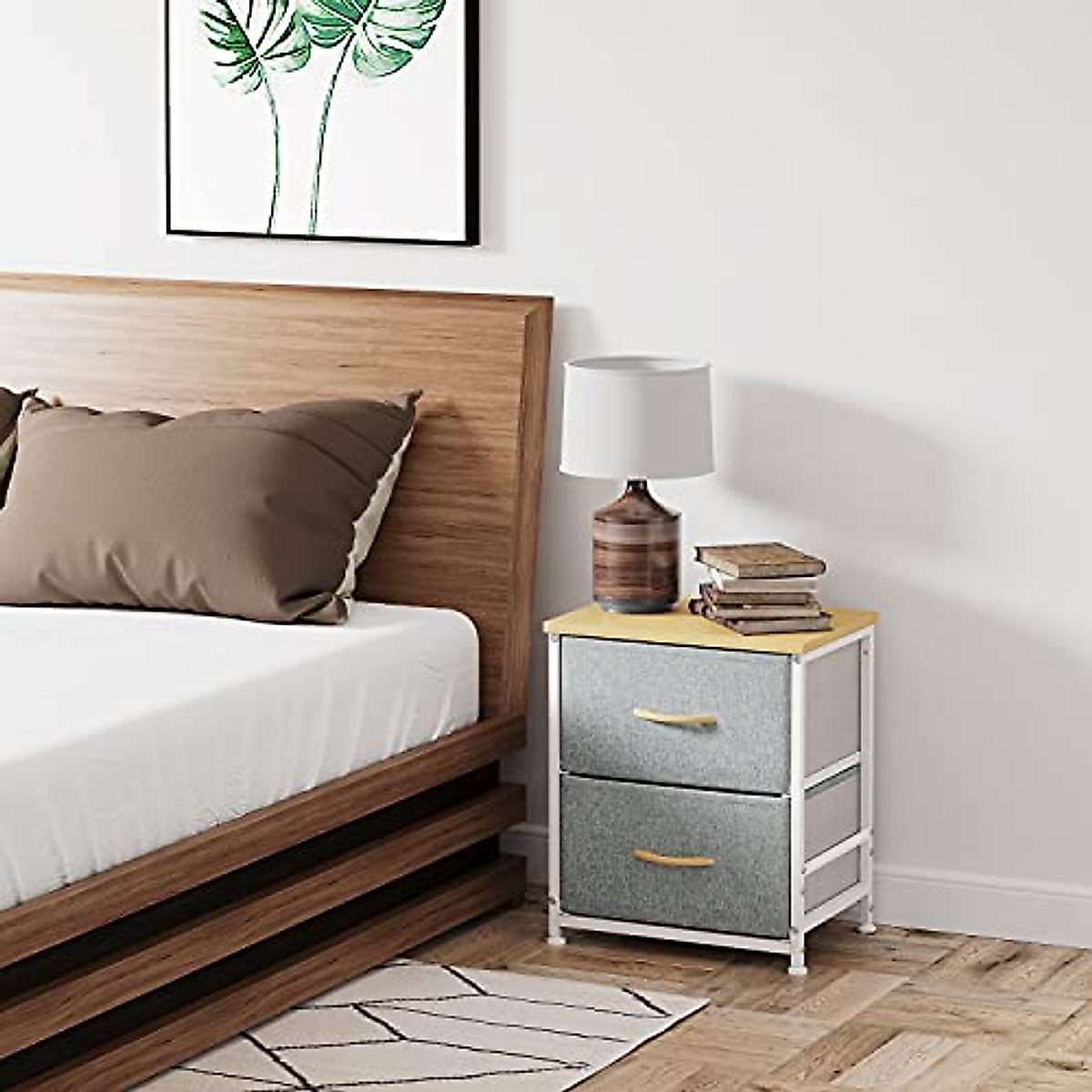 FEZIBO 2 Drawers Fabric Dresser, Nightstand for Bedroom, Small Storage Tower Organizer Unit for Closet Hallway Entryway Nursery Room, Steel Frame, Wood Top, Linen