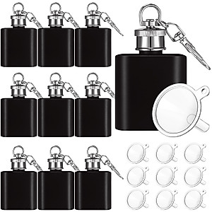 Bokon 10 Pcs Mini Keychain Flask Bulk 1oz Stainless Steel Hip Jar Pocket Hidden Flask for Liquor Men Women Groomsmen Gifts with 10 Plastic Funnels(Black)