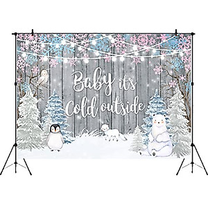 Aperturee It's Cold Outside Baby Shower Backdrop 7x5ft Winter Woodland Animals Penguin Christmas Trees Snowflake Rustic Wood Wooden Floor Photography Background Party Decorations Banner Photo Booth