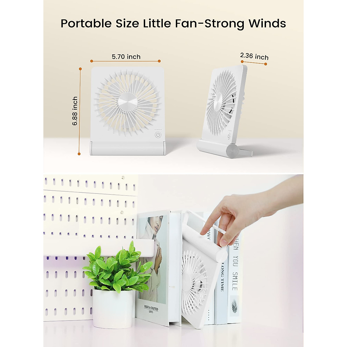 FERRISA Desk Fan On-The-Go, Small But Powerful, Portable Fan Battery Operated, 220° Tilt Folding Ultra Quiet mini Personal Fan, Strong Wind, 3 Speed Adjustable For Office Desktop Travel (White)
