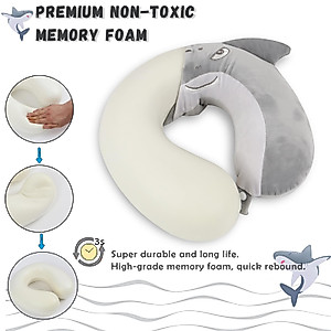 Travel Pillow, Kids Travel Pillow with Sleep Eye Mask Soft Memory Foam Kids Neck Pillow for Boys & Girls, Travel Accessories for Car Airplane Traveling - Shark