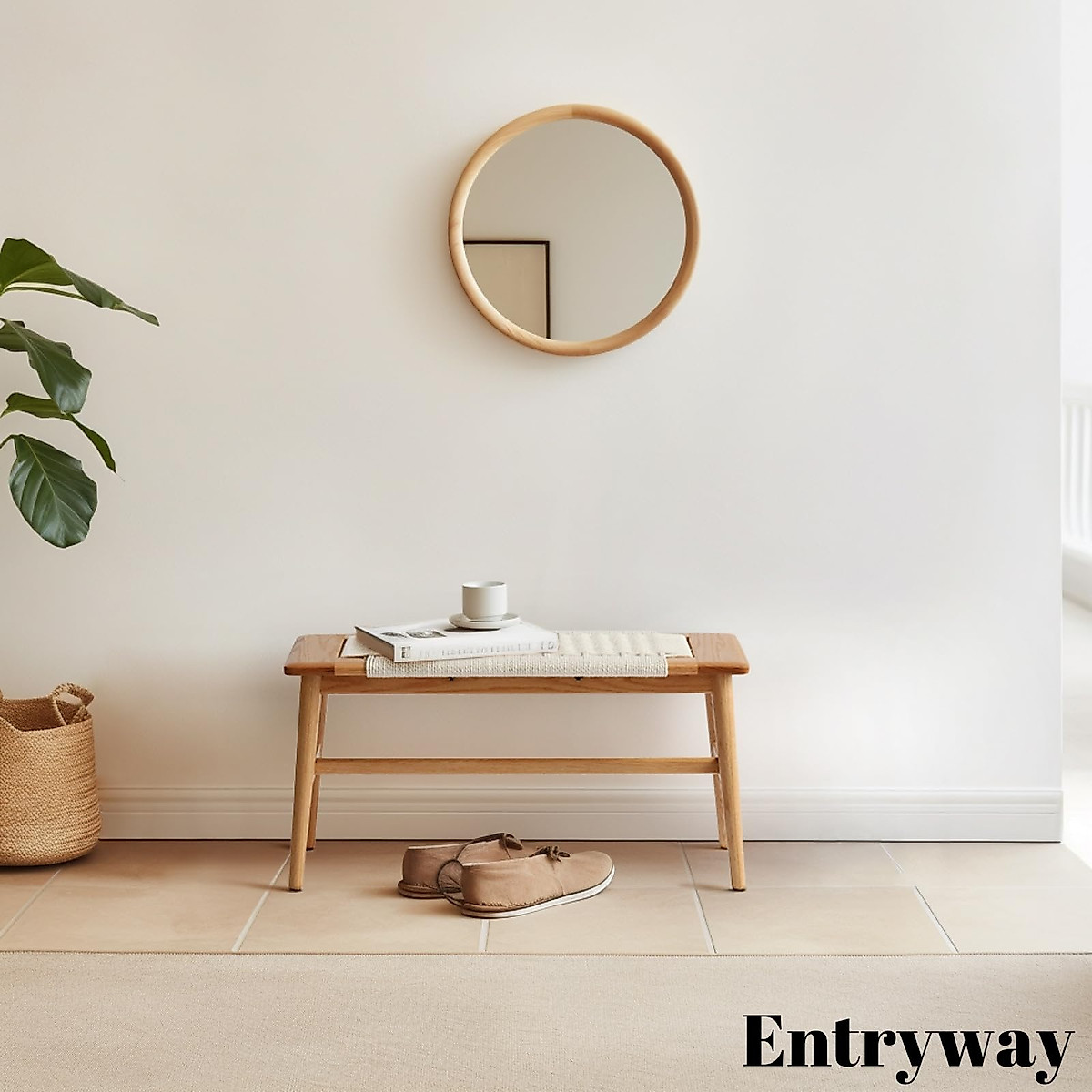 Grewood Wood Dining Bench,100% Natural Solid Oak with Rattan Design, Rounded Edge, Bench for Entryway Hall, Dining Room,Bedroom, Living Room (Off-White, 31.49 inch)