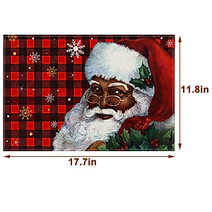 Nepnuser Linen African American Christmas Placemats Set of 4 Buffalo Plaid Black Santa Claus Place Mats for Home Kitchen Dining Table Decoration