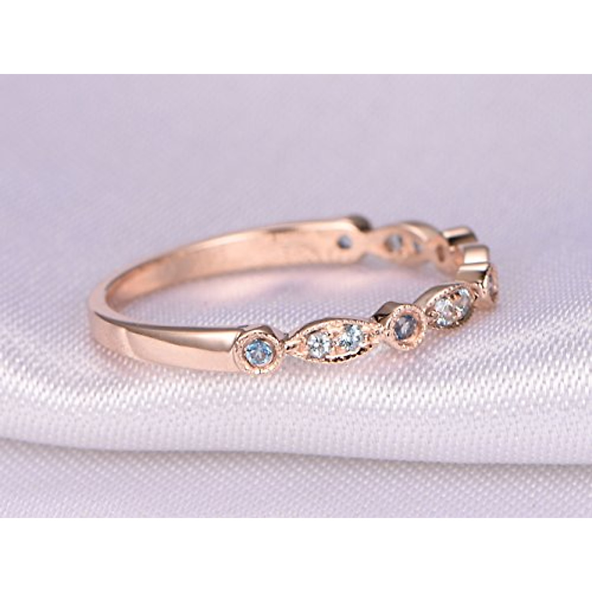 Blue Topaz Wedding Ring,Art Deco,14K Rose Gold,Anniversary Ring,Half Eternity,Milgrain,Matching Band