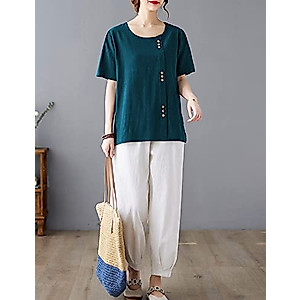 Yeokou Women Cotton Blend Crew Neck Short Sleeve Basic Tunic Tee Shirts Tops Blouse(Teal-XL)