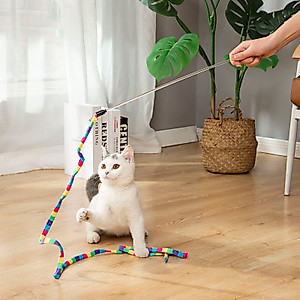 FYNIGO Interactive Cat Rainbow Wand Toys for Indoor Cats and Kittens,Extended Colorful Cat Teaser Wand String Plush Toy,Original Product Strong and Sturdy Pole with Bells(2 Pack)