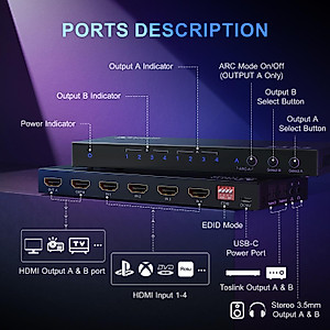 4K 60Hz HDMI Matrix 4x2, PORTTA 4 in 2 Out Switch Splitter with Toslink 3.5mm Audio Extractor, ARC, 16 EDID Modes, 4K Downscale, and IR Remote Support HDMI 2.0b HDCP 2.3/2.2 HDR 3D