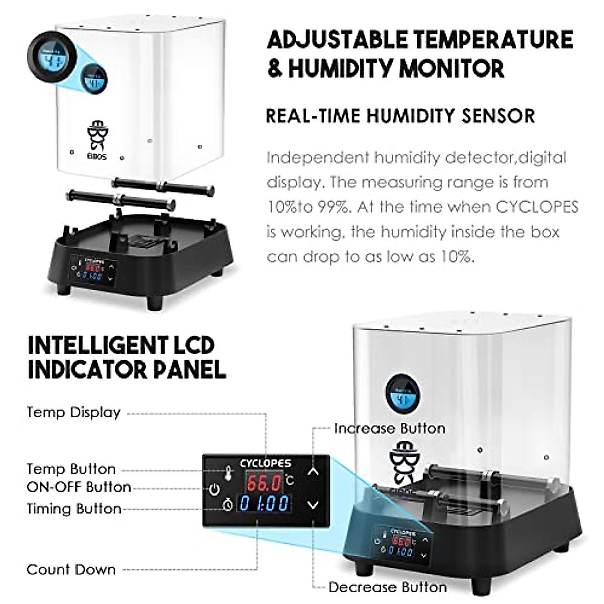 Eibos 3D Printer Filament Dryer Box CYCLOPES, 100W PTC Heater Dehydrator Storage Box with Fans, Temperature Humidity Control, 2 Spools Holder, Compatible with 1.75mm/ 2.85mm/ 3mm Filament