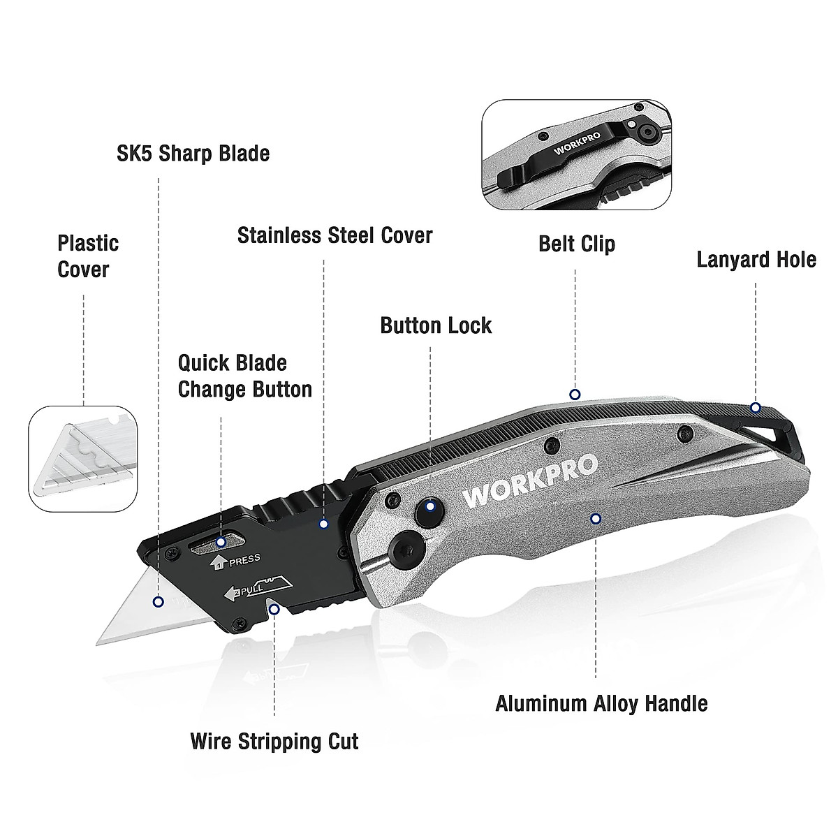 WORKPRO Folding Utility Knife, Heavy Duty Metal, Quick Open Axis Lock Box Cutter, Quick Change Blade Razor Knife, 1PC with 10 Extra SK5 Blades