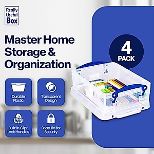 Really Useful Box 1.75 Liter Plastic Stackable Storage Container with Snap Lid & Built-In Clip Lock Handles for Home or Office Organization, 4 Pack