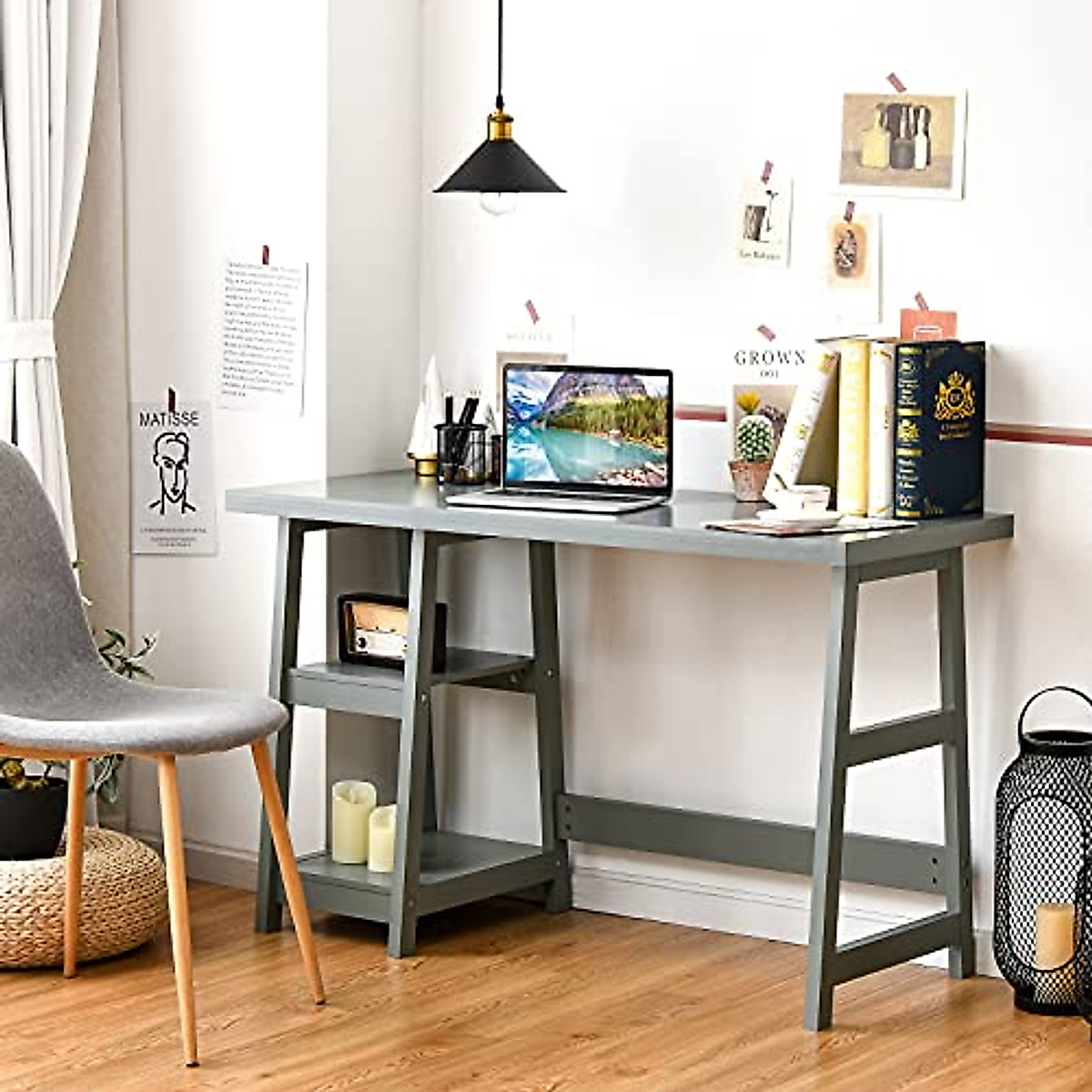 Tangkula Computer Desk with Shelves, Modern Trestle Desk Home Office Desk with Storage Shelf, Space Saving Study Writing Desk, Desk for Bedroom