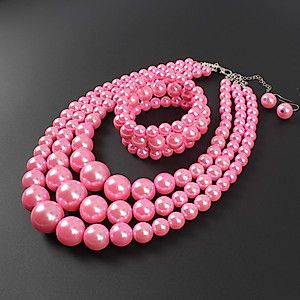 KOSMOS-LI Large Pearl Jewelry Set 3 Layer Simulated Pink Pearl Women's Statement 18" Necklace Bracelet and Earrings