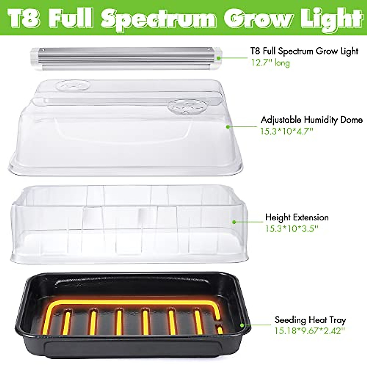 Seed Starter Tray with T8 Grow Light, Seedling Heat Tray Mini Greenhouse with 15'' Humidity Domes and Height Extension, Plant Sprouting Germination Propagation Kit Indoor Gardening Supplies