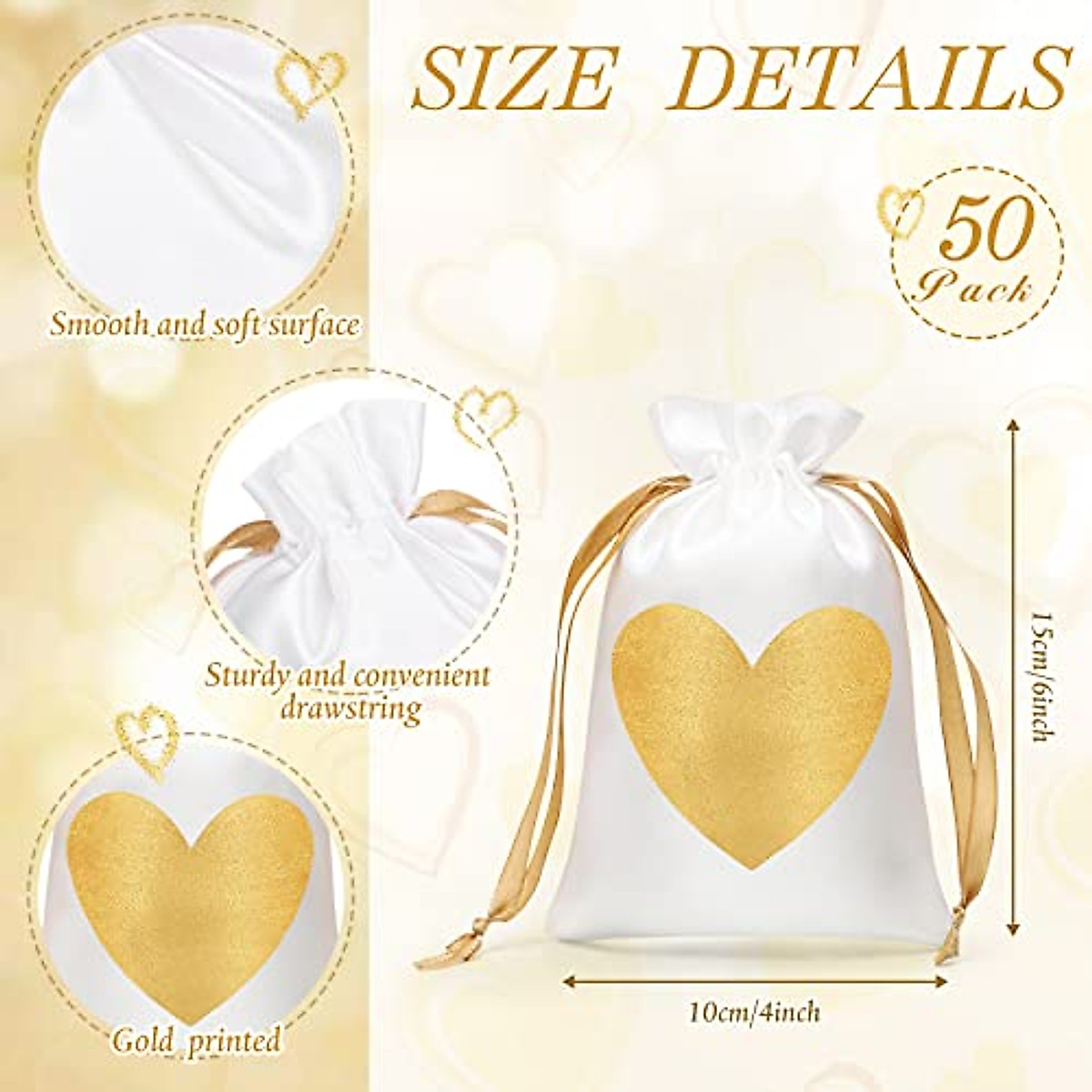 50 Pcs Heart Satin Gift Bags with Drawstring 4 x 6 Inch White Satin Gift Bags Jewelry Pouches Candy Party Decor Bags for Wedding Baby Shower DIY Craft Soap Makeup