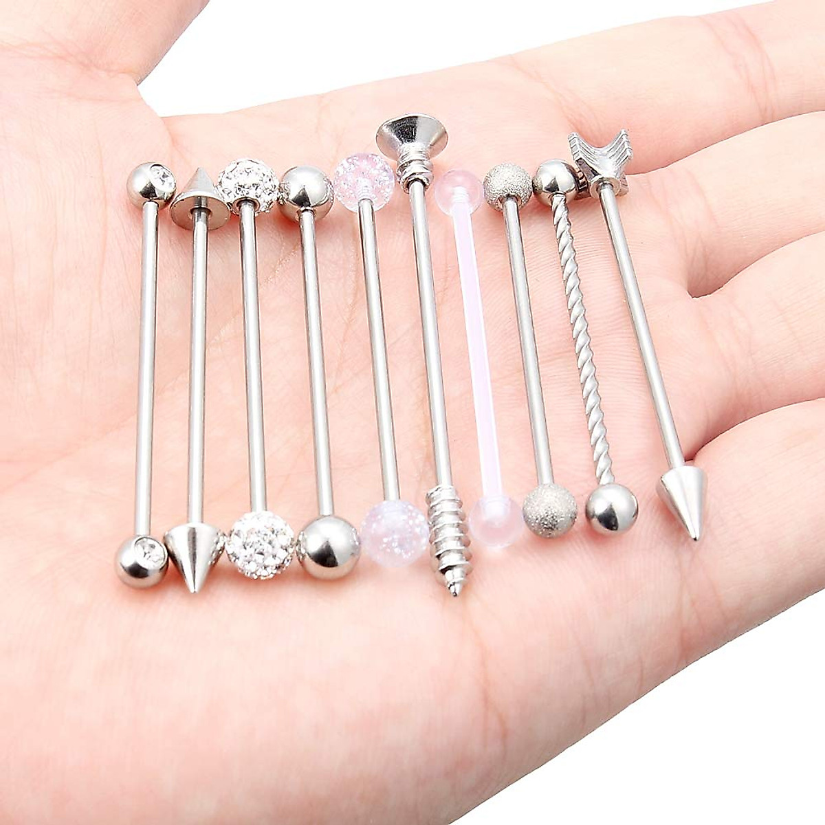 Dyknasz Industrial Bar Earring 14 Gauge 10PCS Matte Gilitter Braided Ball Arrow Screw Crystal CZ Clear Ball Industrial Barbell Cartilage Earrings Body Piercing Jewelry Women Men 1 1/2Inch Silver-Tone