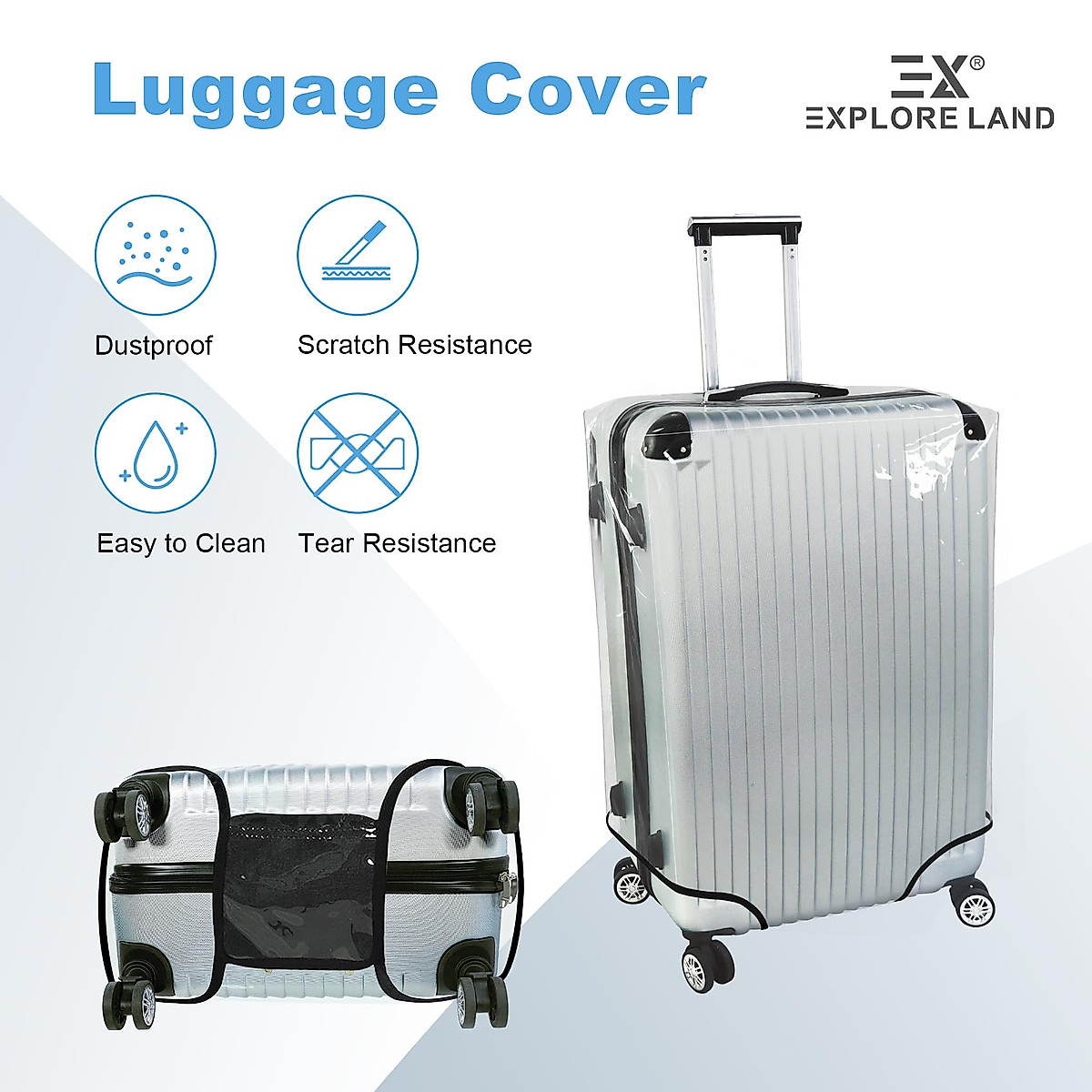 Explore Land Clear Luggage Cover Tough Protector Fits for 30-32 Inches Suitcase for Travel Airplane (PVC, XL)