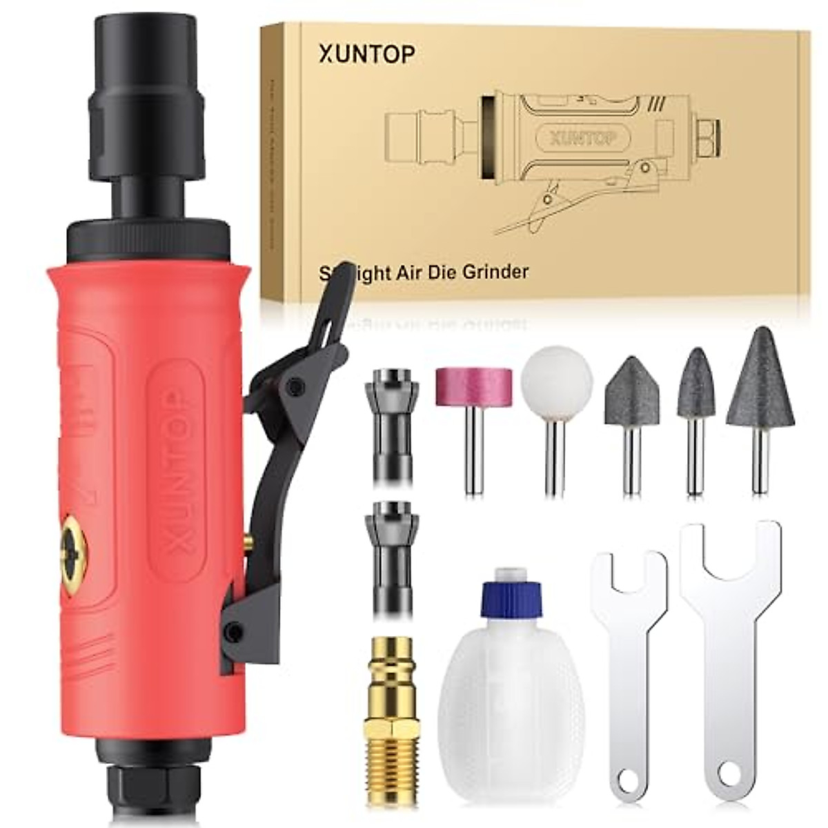 XUNTOP 25000Rpm Pneumatic Straight Die Grinder with After-Exhaust,Straight Die Grinder with Empty Oil Bottle and 1/4" 1/8"Collets Widely Used in Polishing,Edge Smoothing,Deburring