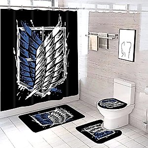daweitianlong 4 Piece Anime Shower Curtain Set with Non-Slip Rug, Thickened Toilet Lid Cover and Bath Mat,Waterproof Anime Shower Curtain Sets for Bathroom With12 Hooks 59x71 inch, 17