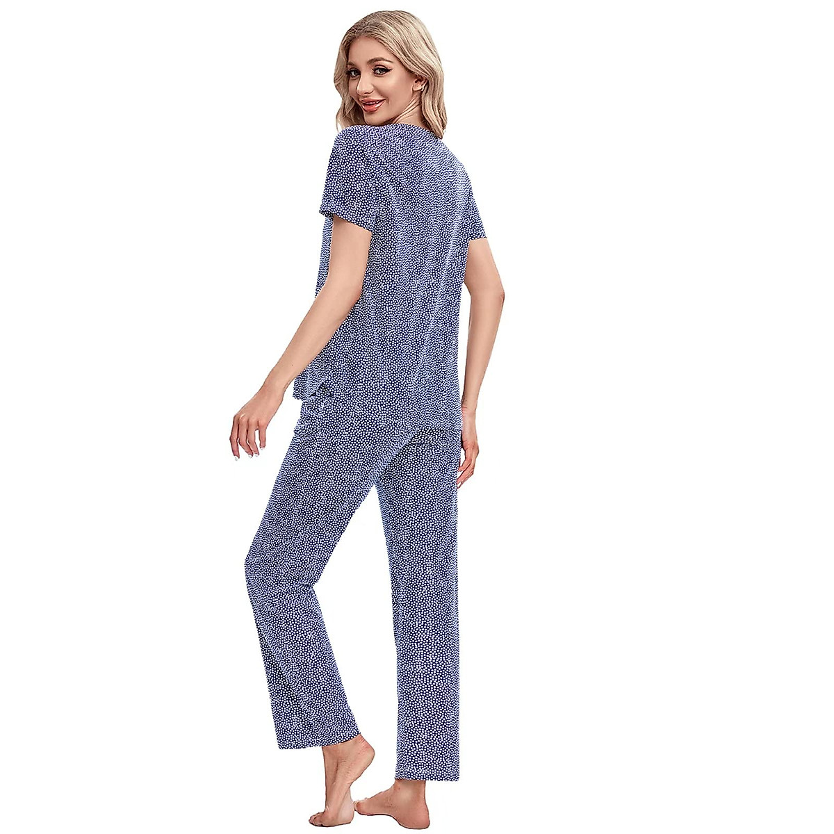 IZZY + TOBY Cotton Pajama Sets, Soft Sleepwear Pjs Set for Women, Summer Pj Short Sleeve Top and Long Pants, Casual Loungewear Ladies Pajamas Navy