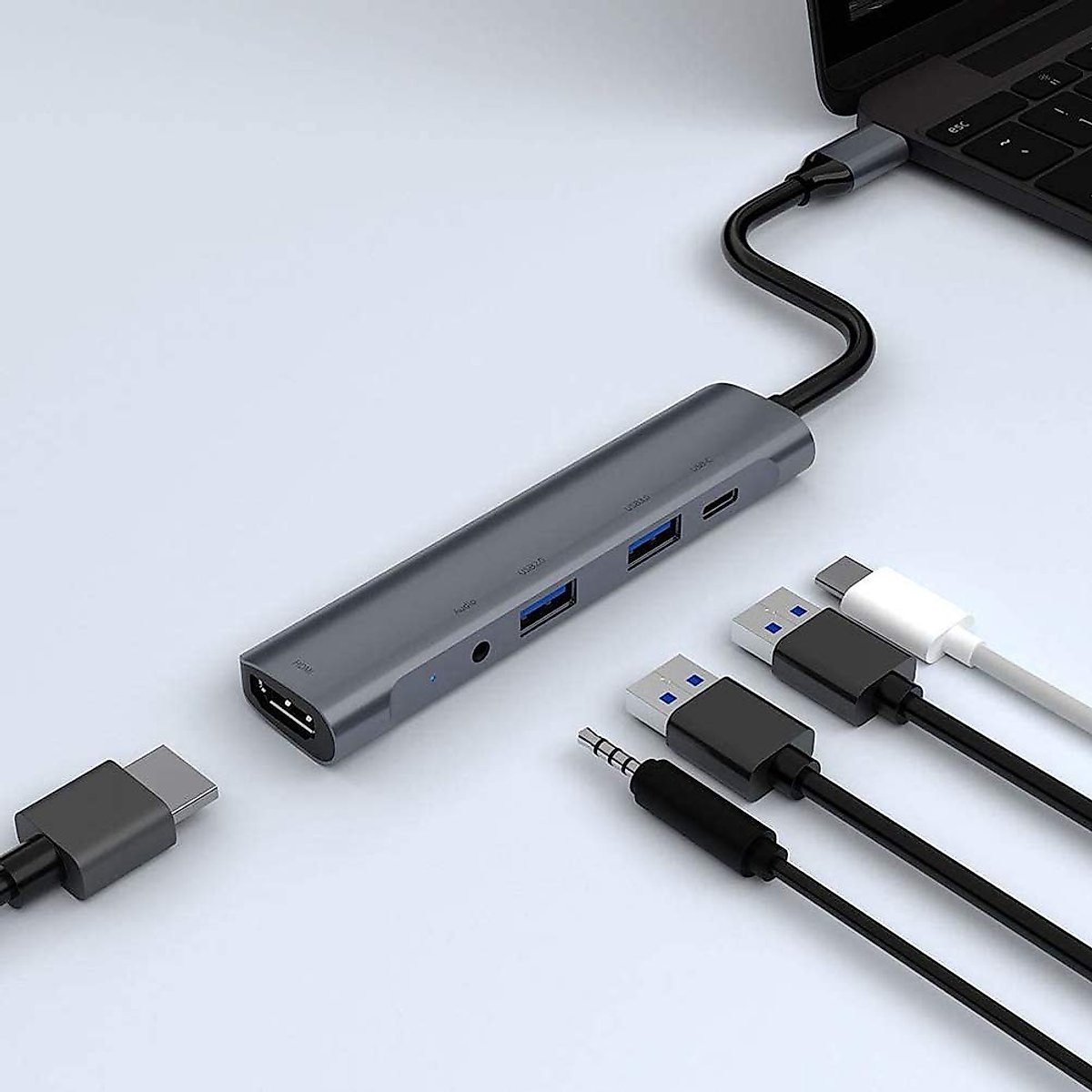 USB C HUB, 5 in 1 Type C Port Adapter with HDMI 4K, 3.5mm Audio Output, USB 3.0, USB 2.0, USB-C PD Charging, Type-C Docking Station for MacBook pro, iPad, Nintendo