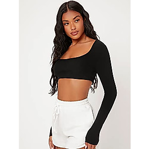 SOLY HUX Long Sleeve Crop Tops for Women Sexy Scoop Neck Rib Knitted Workout Basic Tees Slim Fitted Cropped T Shirts Solid Black M