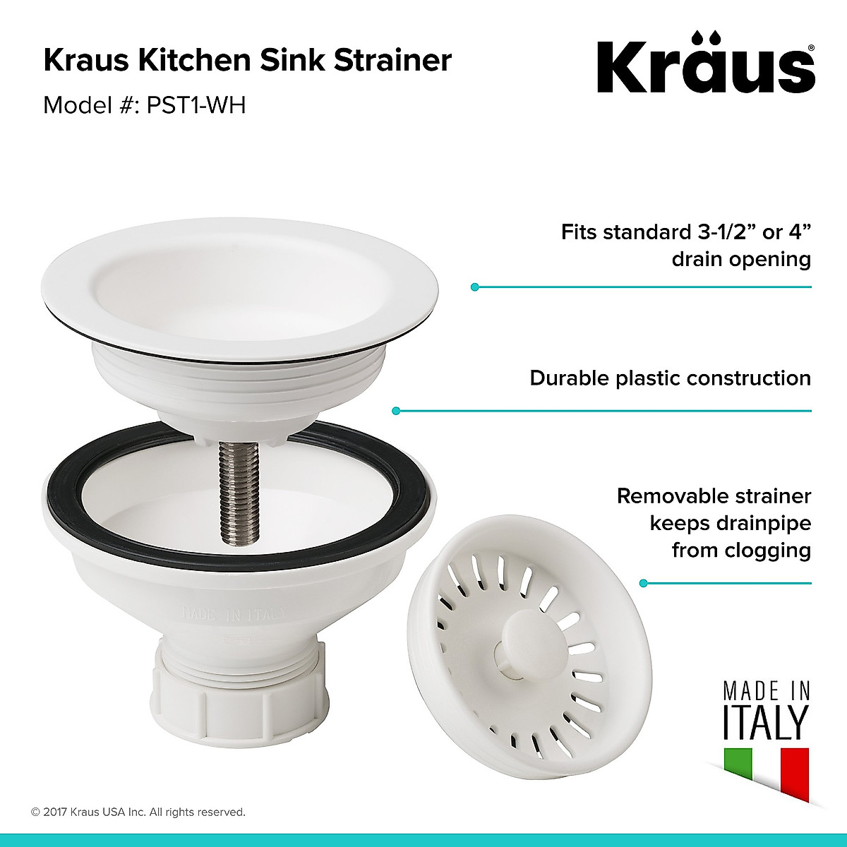 Kraus Kitchen Sink Strainer for 3.5-Inch Drain Openings in White, PST1-WH