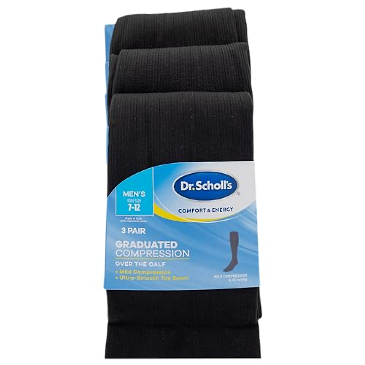 Dr. Scholl's Mens Graduated Compression Over The Calf - 2 & 3 Pair Packs Energizing Comfort And Fatigue Relief Sock, Black, 7-12 US