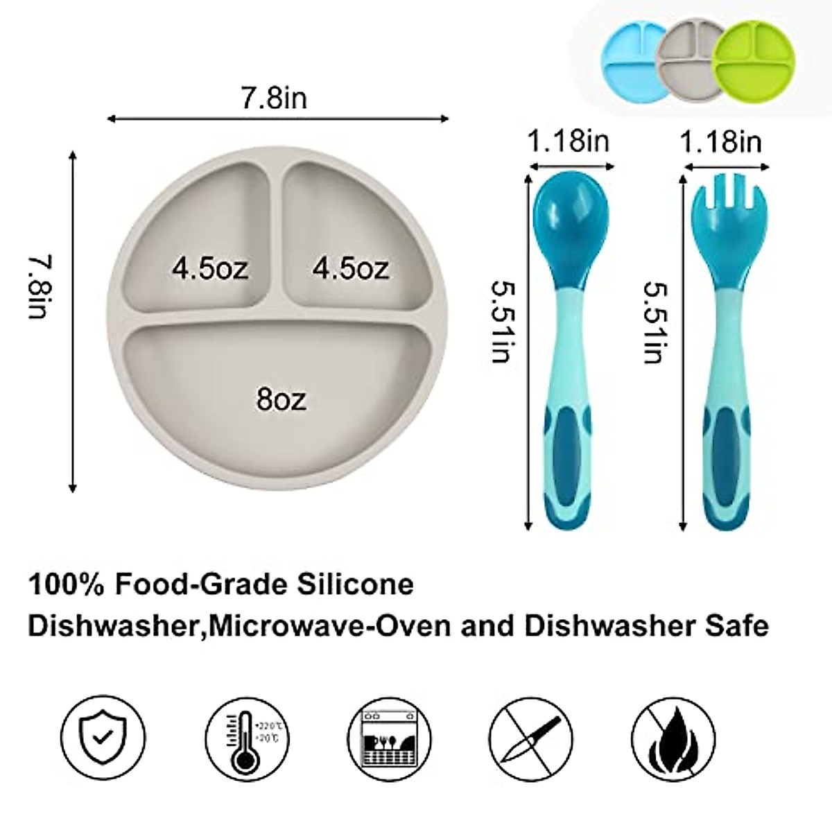 3 Pack Safe Silicone Baby Suction Plates - Toddler Divided Plate Set with Spoon Fork, Dishwasher and Microwave Safe (Blue, Green & Gray)