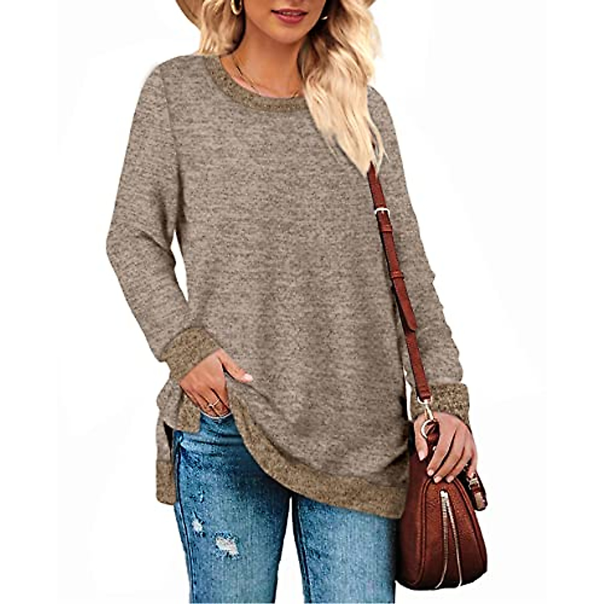 WEESO Crew Neck Sweatshirts Hoodies for Women Tunic Tops for Leggings Coffee Large
