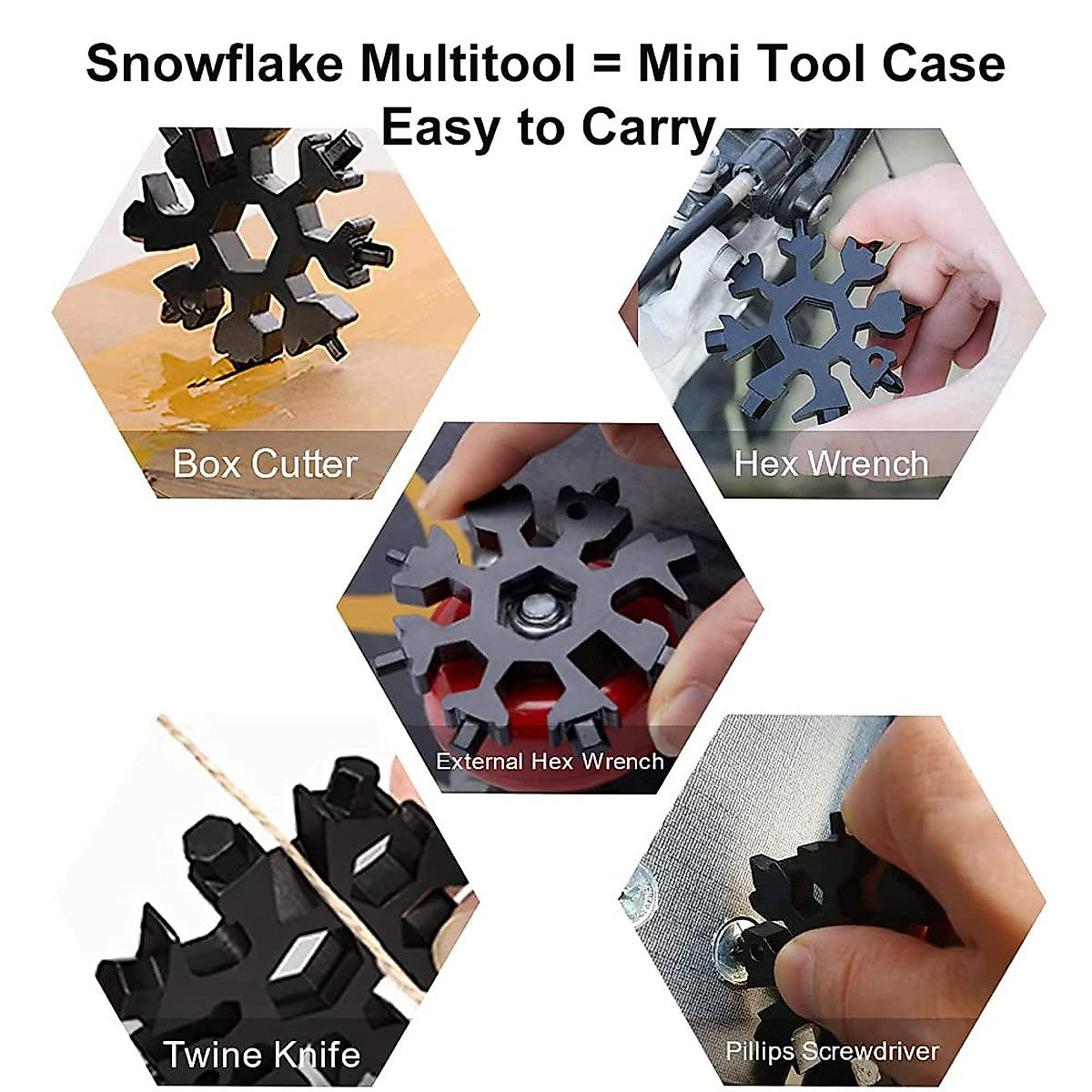 Snowflake Multi tool, 19 in 1 Portable Stainless Steel Snowflake Tool for Outdoor Travel Camping, with Key Ring and Carabiner Clip,Gift for Men Dad (Black)