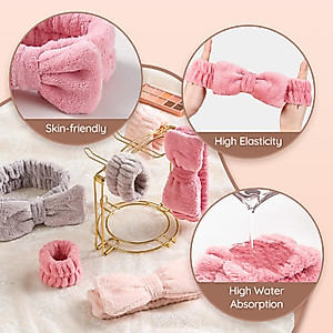 VITEVER 4 Pack Spa Headband for Washing Face with 8 Wristbands, Girl Hair Band, Microfiber Women Headbands, Headband and wrist bands to Skincare, Cosmetic, Shower-White, Brown, Rose Pink, Light Pink