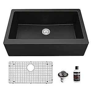 Karran QA-740 Farmhouse/Apron-Front Quartz Composite 34 in. Single Bowl Kitchen Sink Kit in Black