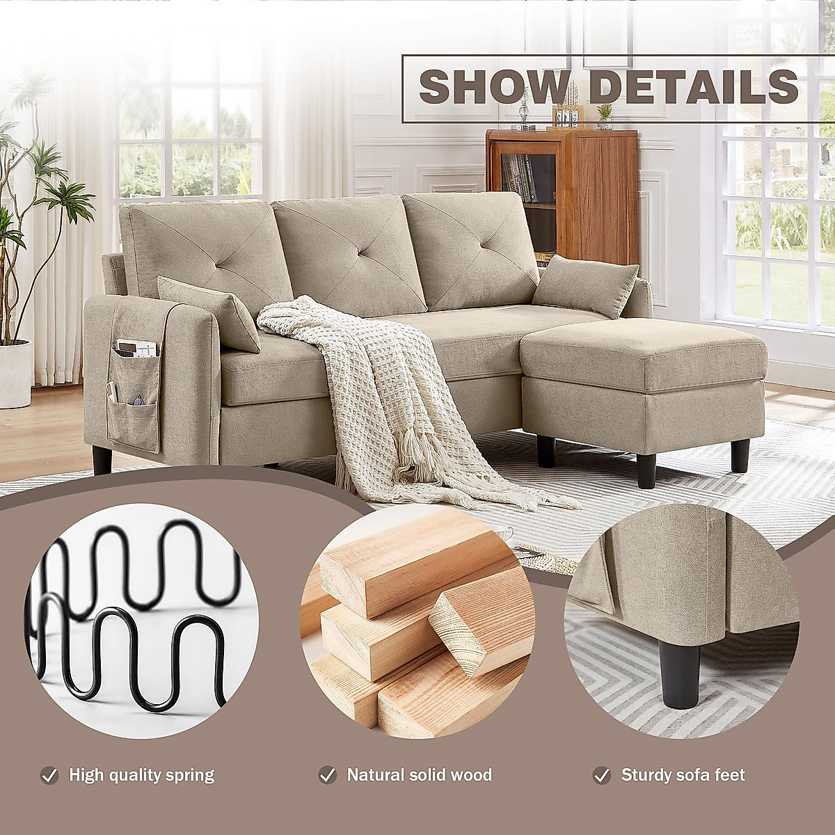 Soscana 77" Convertible Sectional Sofa, Modern Linen Fabric Small L Shaped Couch with Reversible Chaise, 3-Seat Sofa Couches for Living Room, Apartment and Small Space,Beige