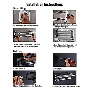 NAAKABE Bathroom Foldable Towel Rack,SUS 304 Stainless Steel Wall Mounted Towel Shelf wih No Drill, 6 Removable Hooks and Adjustable Towel Bar, Double Towel Bar Holder