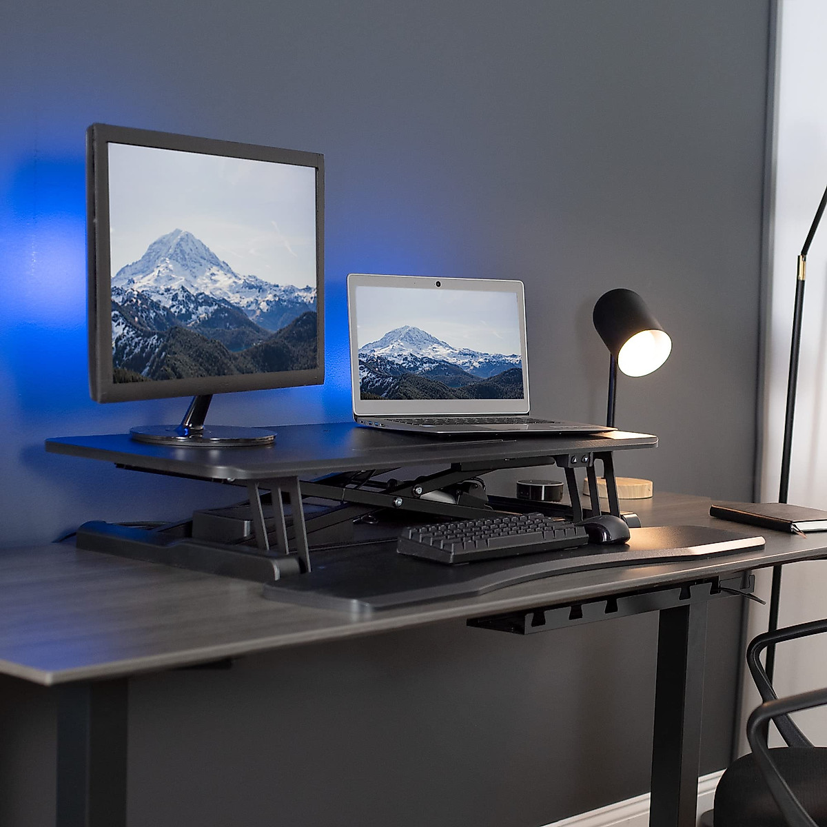 VIVO 36 inch Electric Motor Desk Converter, Height Adjustable Riser, Sit to Stand Dual Monitor and Laptop Workstation with Wide Keyboard Tray, Black, DESK-VE36K