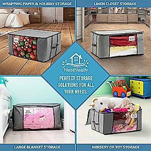 NestNeatly Large Capacity Clothes Storage Bag Organizer with Reinforced Handle for Comforters, Blankets, Bedding, Foldable with Sturdy Zipper, Clear Window, 3 Pack, Gray