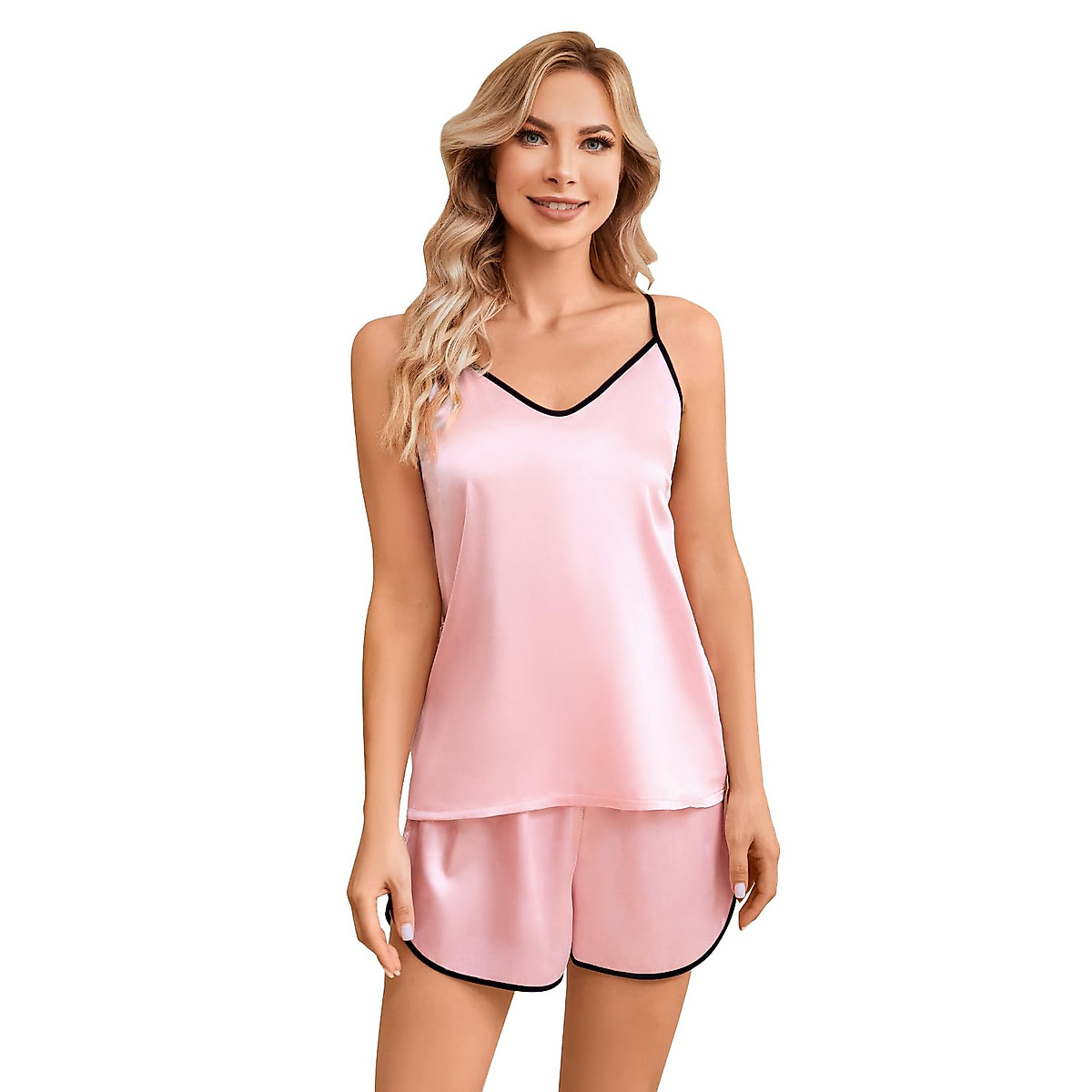 Schbbbta Pajamas for Girl Silk Sleepwear Satin Cami Shorts Matching Pj Set Nightwear, F Pink, 11-12 Years = Tag 160