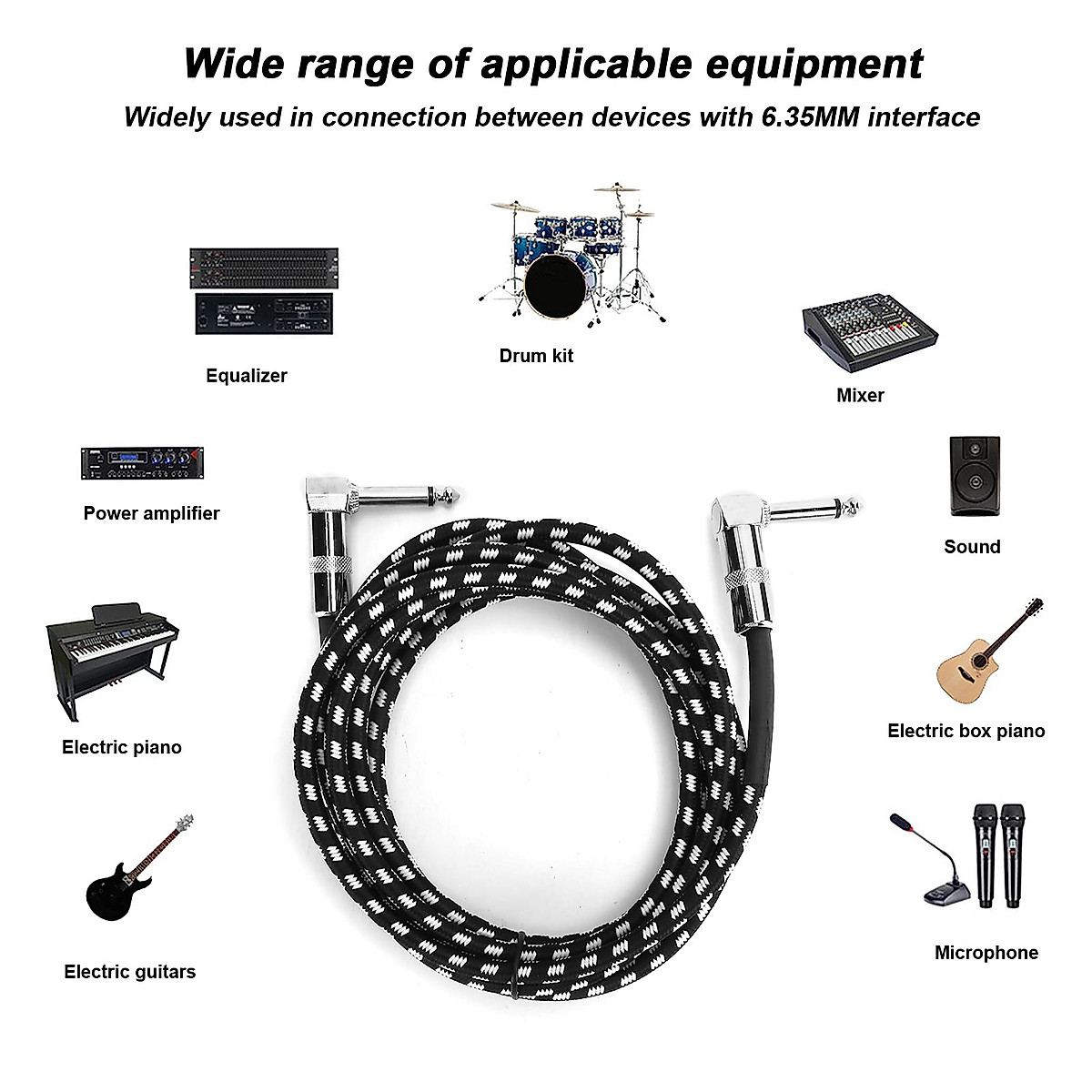 Hilitand Guitar Cable - 6.35MM Male Head Audio Guitar Cable 10ft Electric Guitar Amplifier Cord - Right Angle to Right Angle 1/4 Inch Instrument Cable Guitar Amp Cable(Black-White)