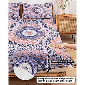 Fitted Sheet Twin XL Size Bed Sheets with Deep Pocket,Indian Mandala Abstract Floral Brushed Microfiber Hotel Bed Sheet with Pillow Case,Ethnic Style Circle Line Block Mattress Cover with Elastic