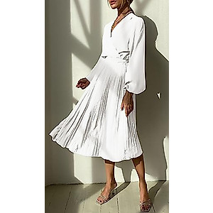 PRETTYGARDEN Women's Fall Midi Dress Long Puff Sleeve Wrap V Neck Flowy Ruffle Pleated Casual Dresses (White,Large)