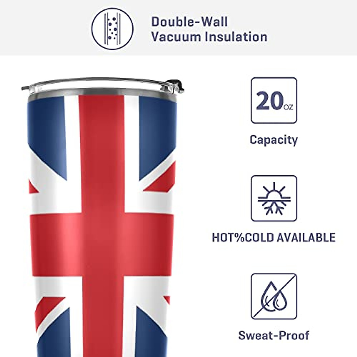 ALAZA England British Flag Union Jack Insulated Travel Tumbler Mug with Lid & Straw Double Wall Vacuum Water Bottle Car Cup Stainless Steel, Hot and Cold Thermos, 20oz