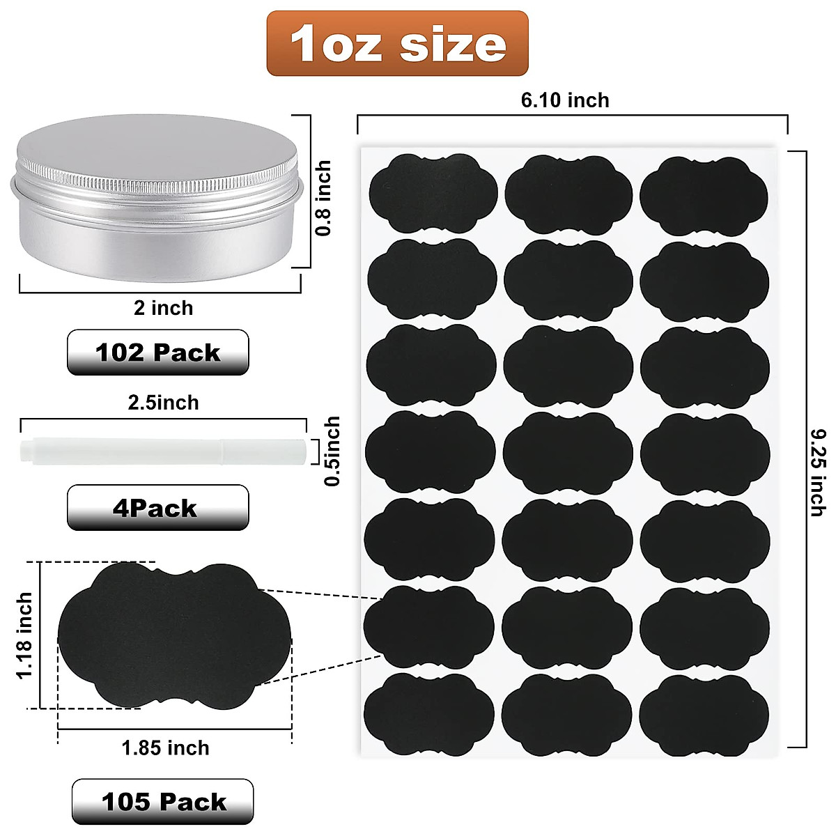 OBKJJ 102 Pack Round Cans with Screw Lid 1 Oz Aluminum Metal Tins DIY Food Candle Containers for Lotion Bars, Balms, Salve, Spices, Beard Balm, Crafts with 4 Markers 5 Sheets Label Stickers (Silver)