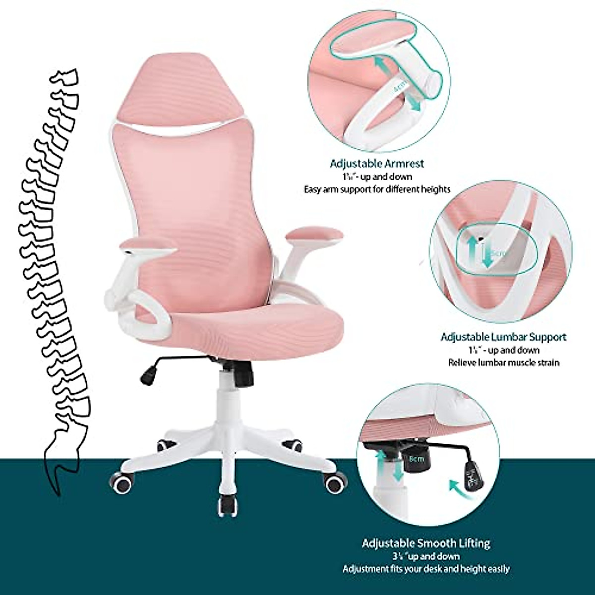NORDICANA Pink Ergonomic Mesh Office Chair, High Back Desk Chair - with Upholstered Headrest, Flip-Up Arms, Tilt Function, Lumbar Support, Swivel Computer Task Chair