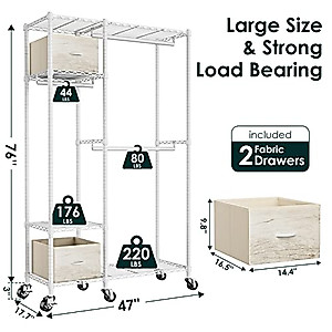 Memobarco Clothes-Rack, Metal Clothing-Rack, Heavy Duty Rolling Garment Rack with 4 Tiers Wire Shelving, 3 Hanging Rods & 2 Storage Drawers, Freestanding Portable Closet Wardrobe, White