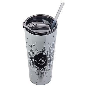 Silver Buffalo Harry Potter Marauder's Map Solemnly Swear Mischief Managed Double Walled Stainless Steel Tumbler With Straw, 22 Ounces