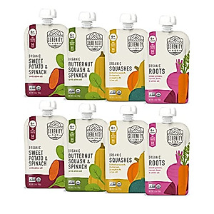 Serenity Kids 6+ Months Certified Organic Baby Food Pouches Veggie Puree | No Sugary Fruits or Added Sugar | Allergen Free | 3.5 Ounce BPA-Free Pouch | Variety Pack | 8 Count