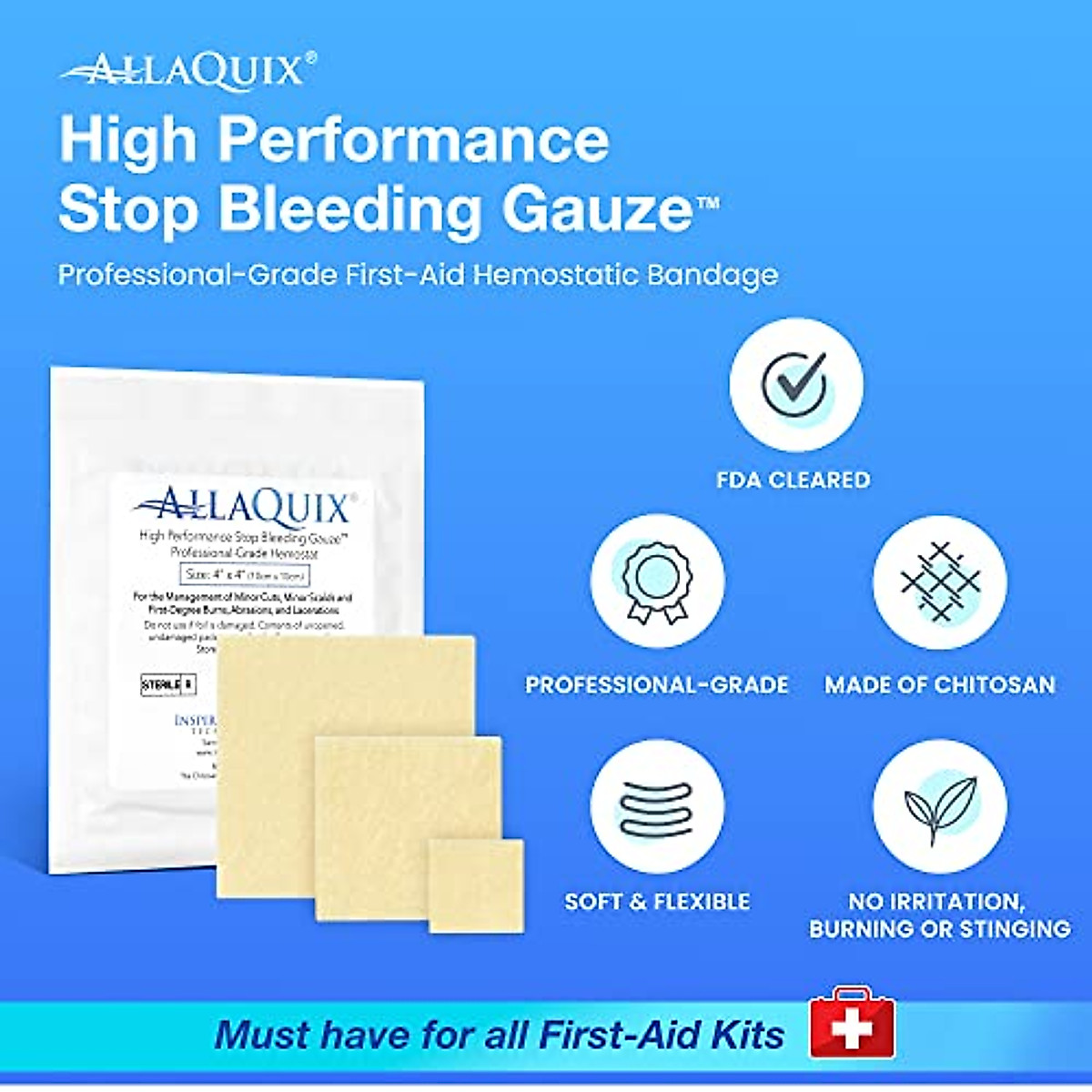 AllaQuix High Performance Stop Bleeding Gauze - Large (2"x2"Square) - (10-Pack) Professional-Grade First-Aid Hemostatic Gauze (Blood Clotting Bandage)