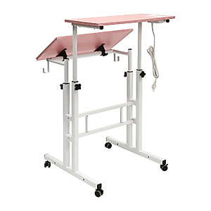 LEYSRIS Mobile Standing Desk Stand up Computer Desk Workstation with Universal Wheels, Adjustable Height Dual Desktop Tilting Panel Rolling Computer Cart with 2 USB Interfaces and 2 Sockets (Pink)