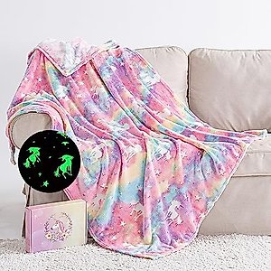 QSTEHEML Glow in The Dark Unicorn Throw Blanket for Boys Girls, Luminous Rainbow Blanket Birthday for Toddler Kids, Cozy Soft Fluffy Flannel Fleece Nap Sleep Blankets, 50" x 60"